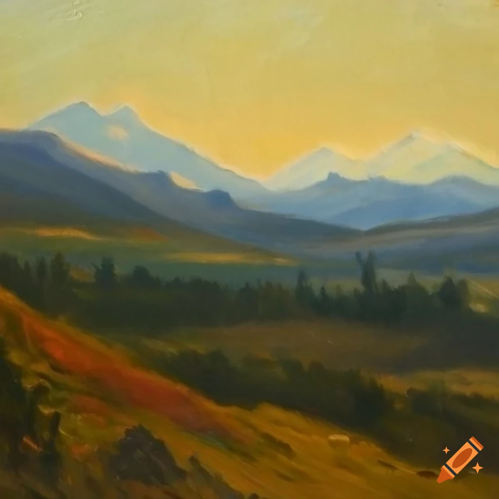 Vintage oil painting of a somber morning with distant mountains on Craiyon