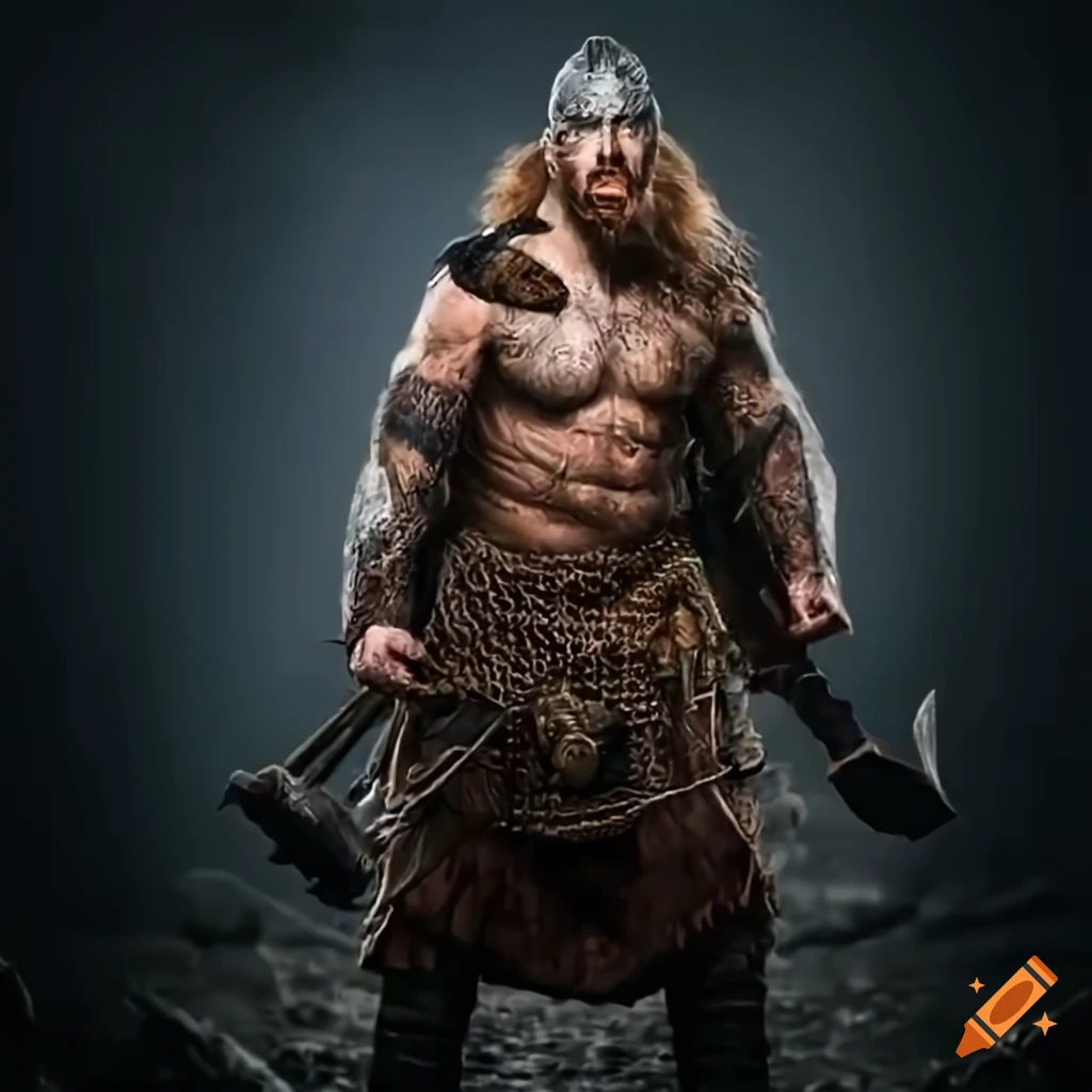 Viking warrior celebrating victory with raised war hammers amidst ...