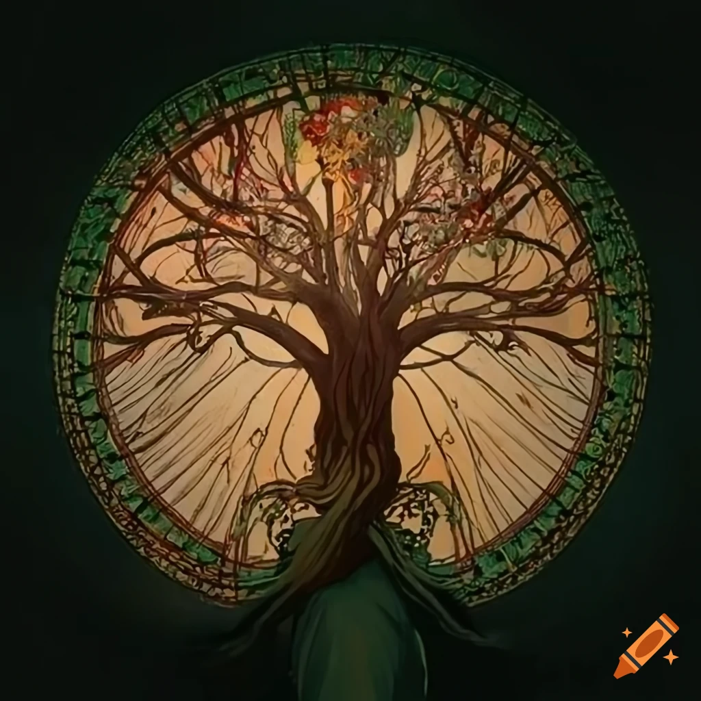 Artwork inspired by mucha featuring trees and nature elements on Craiyon