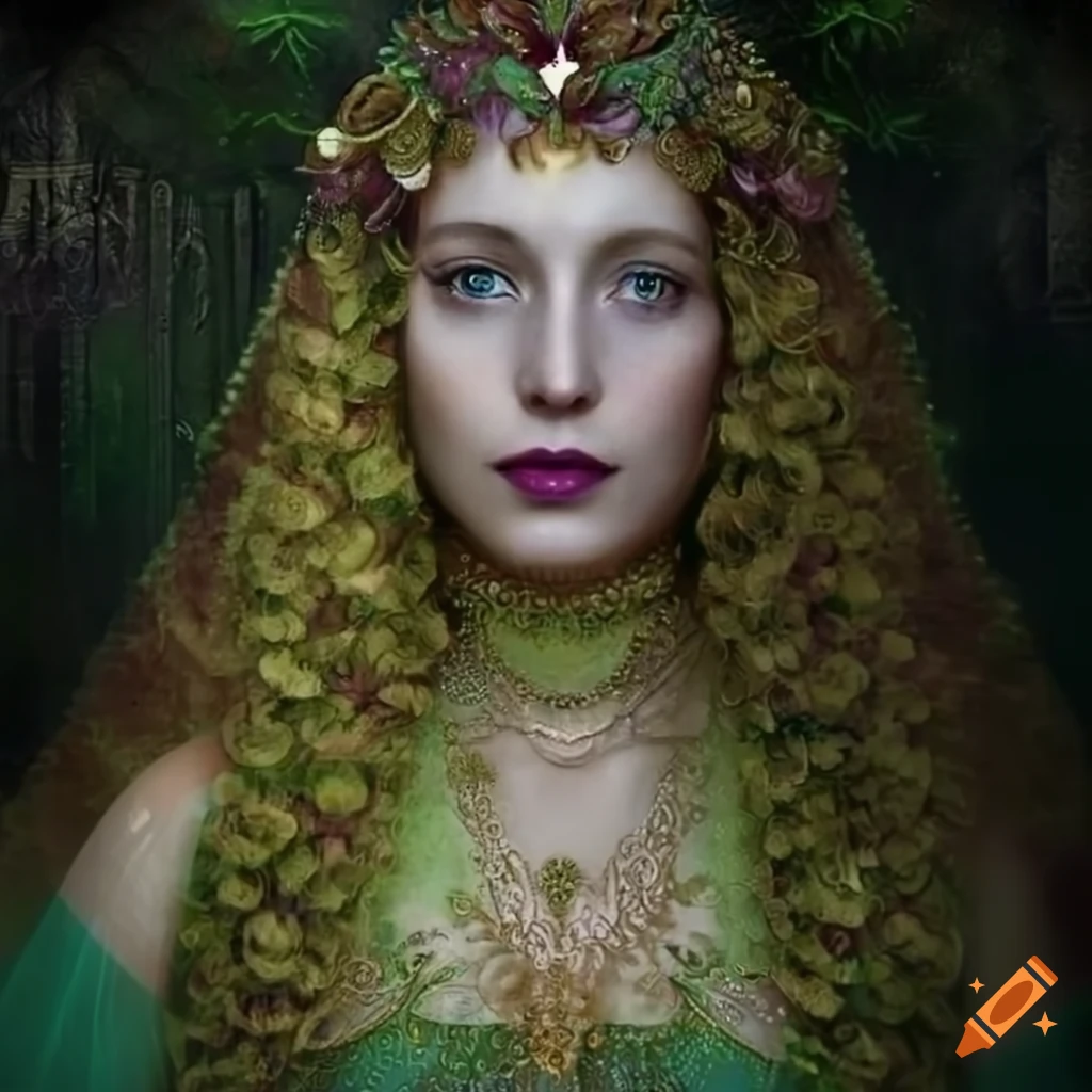 Colored portrait of a mystical magic nettle goddess in medieval book ...