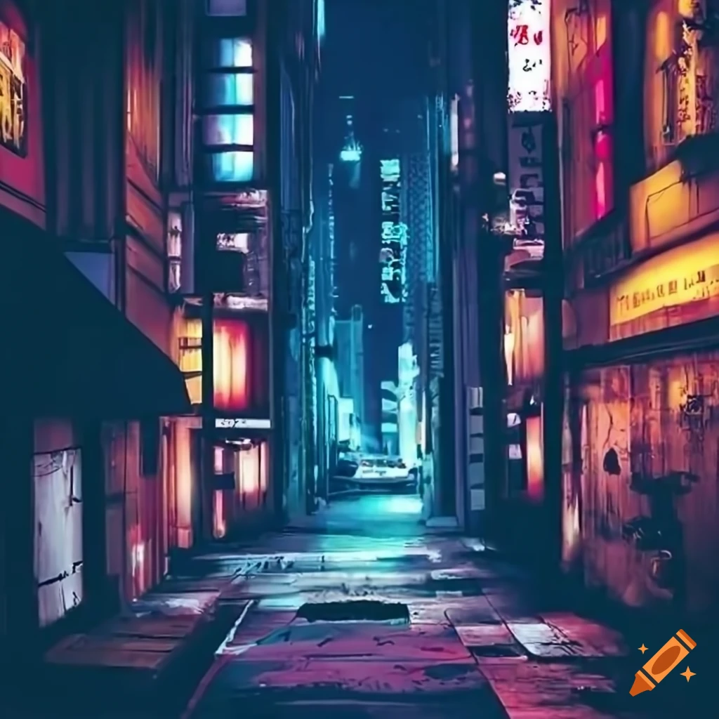 Tokyo night street with a somber atmosphere on Craiyon