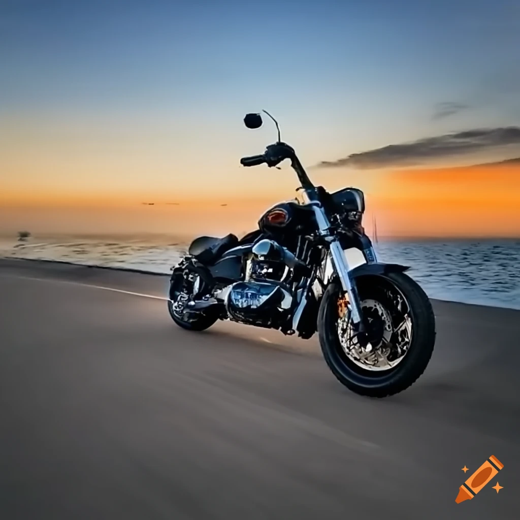 Harley Davidson biker riding by the sea at sunset on Craiyon
