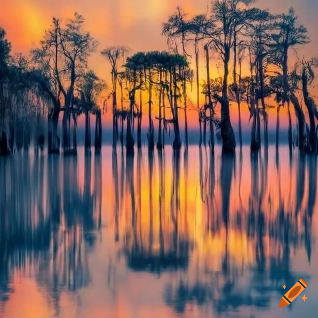 Sunrise over a serene bayou with cypress trees and Spanish moss house ...