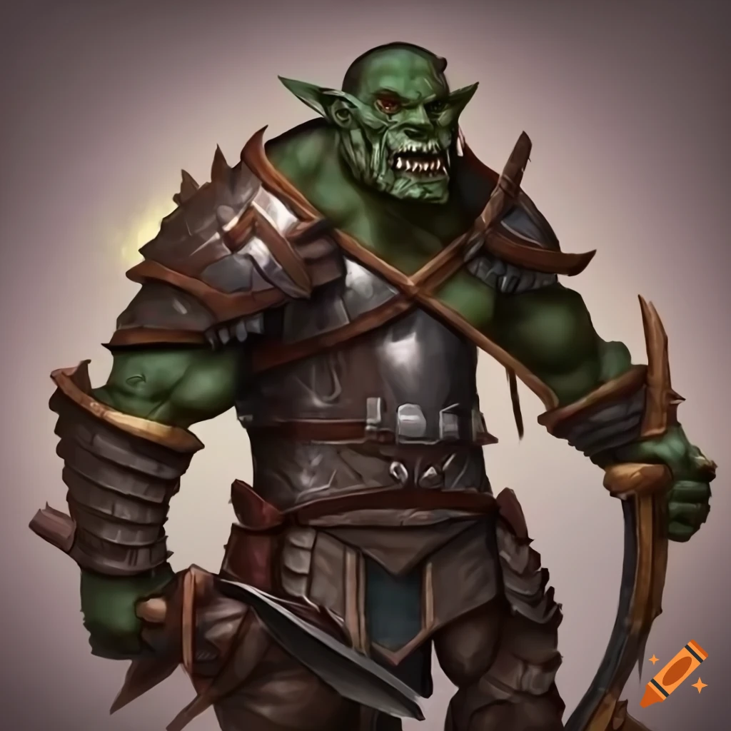 Male orc in gleaming plate armor wielding a massive axe on Craiyon