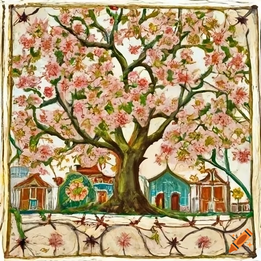 Detailed lime tree in a medieval market painted in botanical style on ...