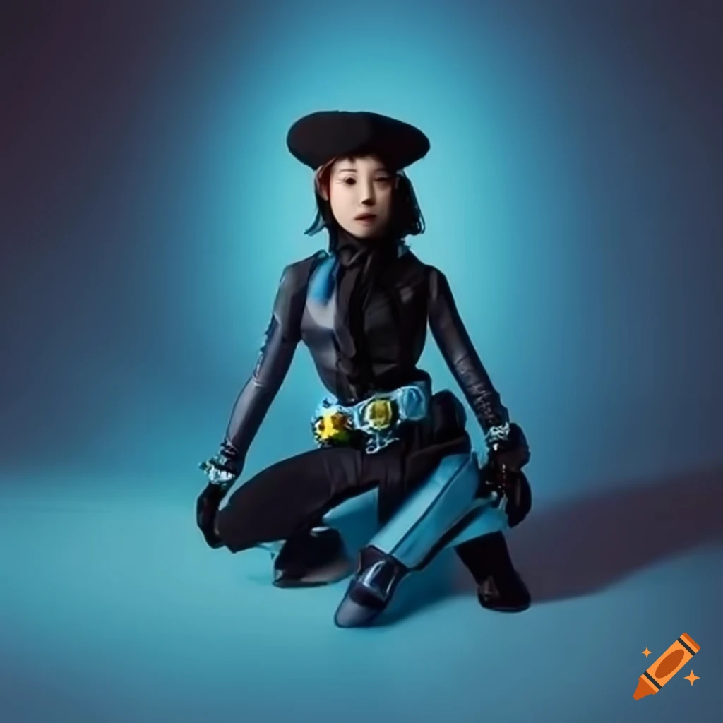 Female Kamen Rider with light blue palette, black beret, and scarf on ...