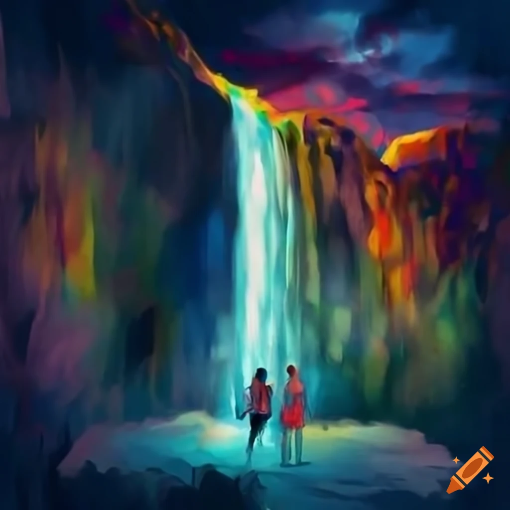 Couple admiring a breathtaking waterfall at night on Craiyon