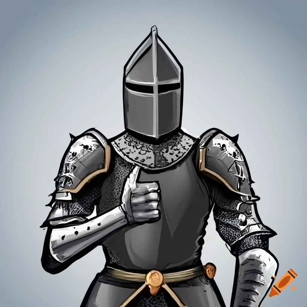 Medieval knight in black armor giving thumbs up with white banner in ...