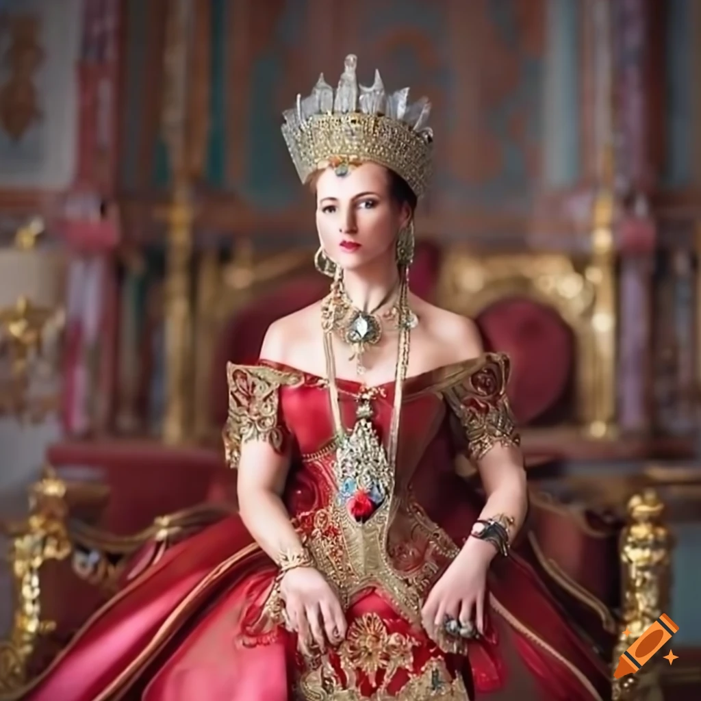 Russian queen in carmine outfit in a luxurious throne room with female ...