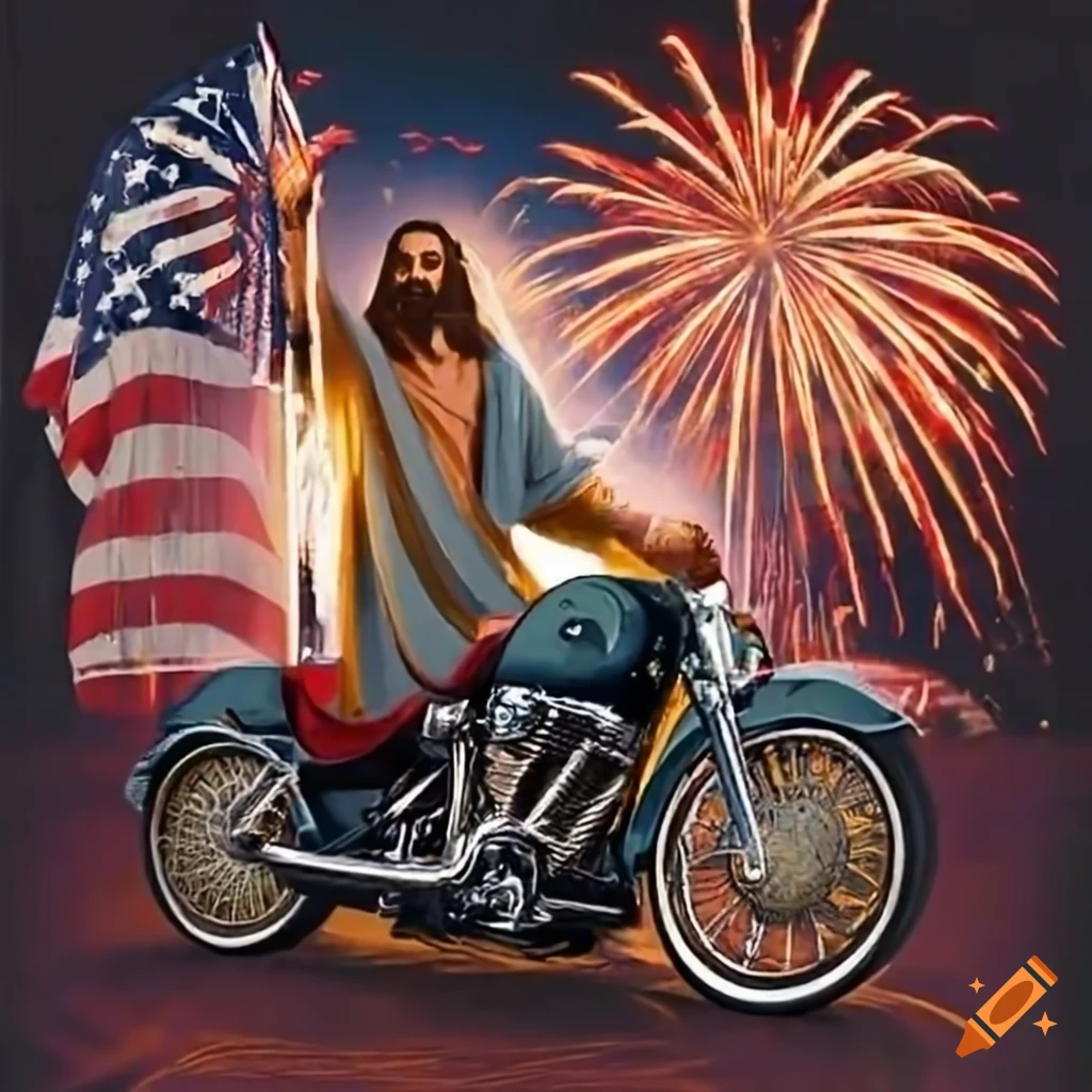 Jesus riding a Harley Davidson and enjoying a beer with American flags ...