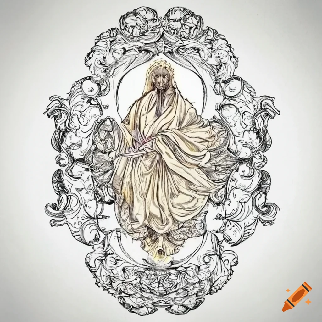 Intricate manga-style drawings of holy figures with gold accents on Craiyon