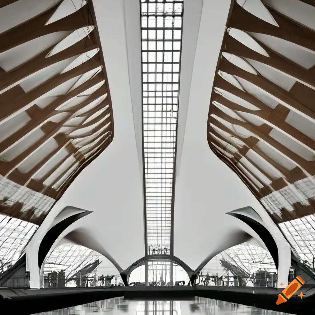 Interior of modern train station with big arches and 3 levels in ...