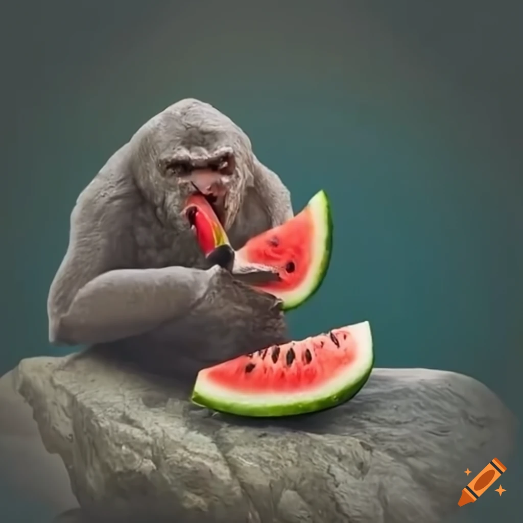 Friendly Sasquatch eating watermelon on a rock on Craiyon
