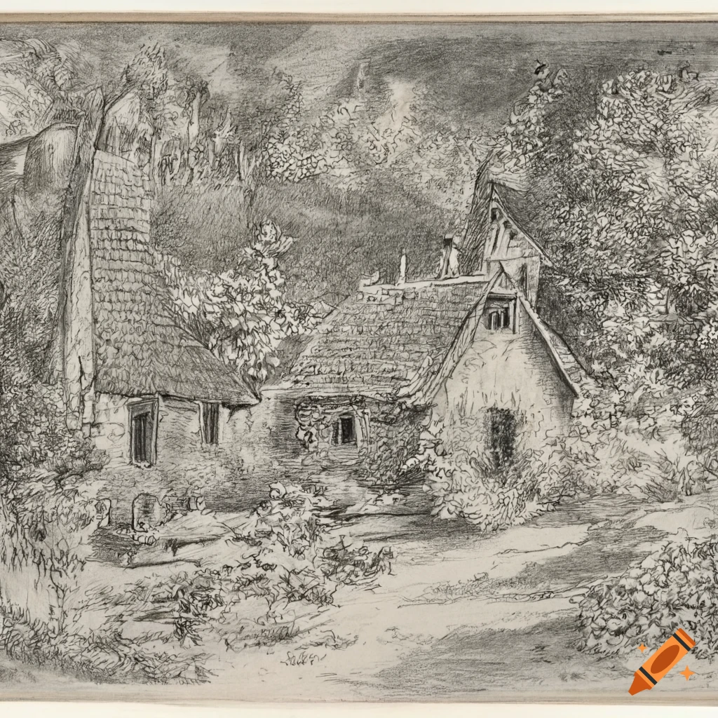 Pencil drawing of a medieval woodland village surrounded by dense ...
