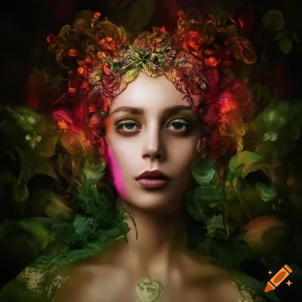 Colorful magic nettle goddess in a mystical portrait style painting on ...