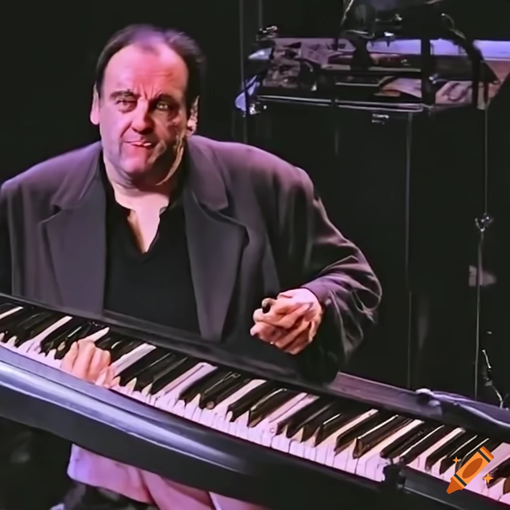 Tony soprano playing keyboard at a retro 80s rock concert on Craiyon