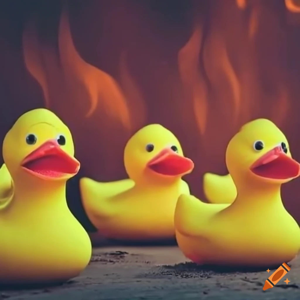 Angry yellow rubber ducks marching down a fiery street on Craiyon
