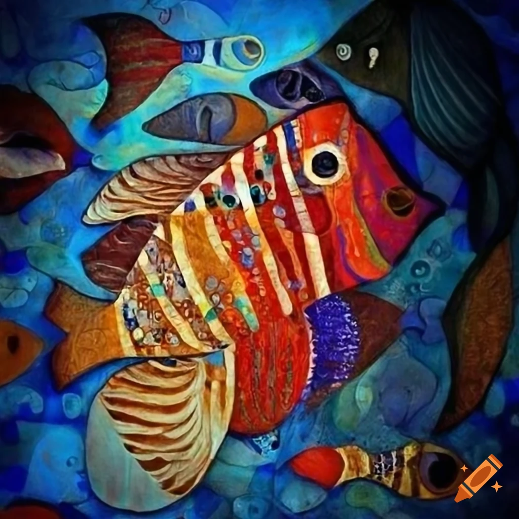 Epic supernatural patchwork art with blue and red fish in a beautiful ...