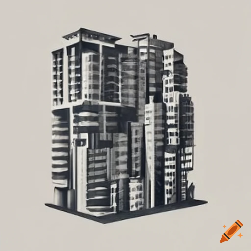 Abstract sculptural piece of fused high-rise buildings in monotone on ...