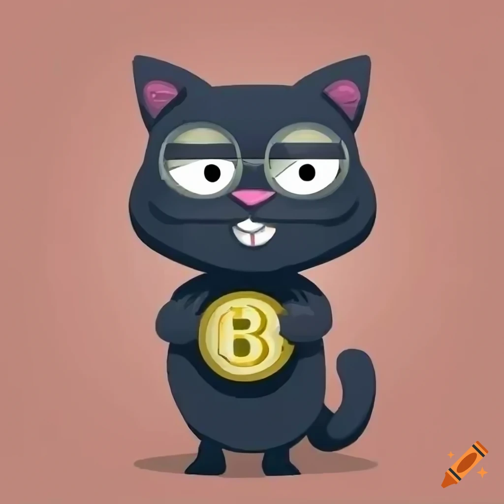 Smirking black cat with monocle holding a bitcoin in a cartoon style on ...