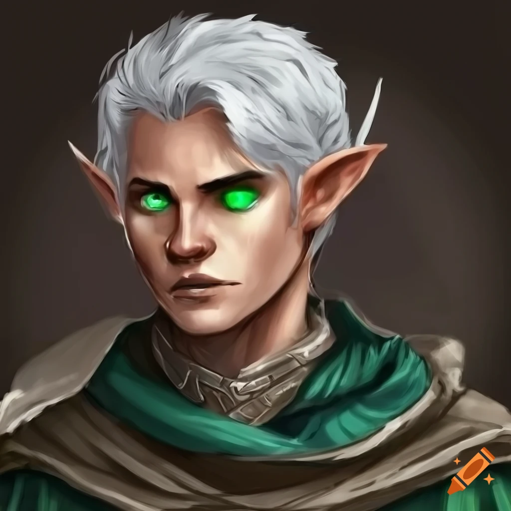 Grizzled half elf rogue with silver hair and emerald green eyes on Craiyon