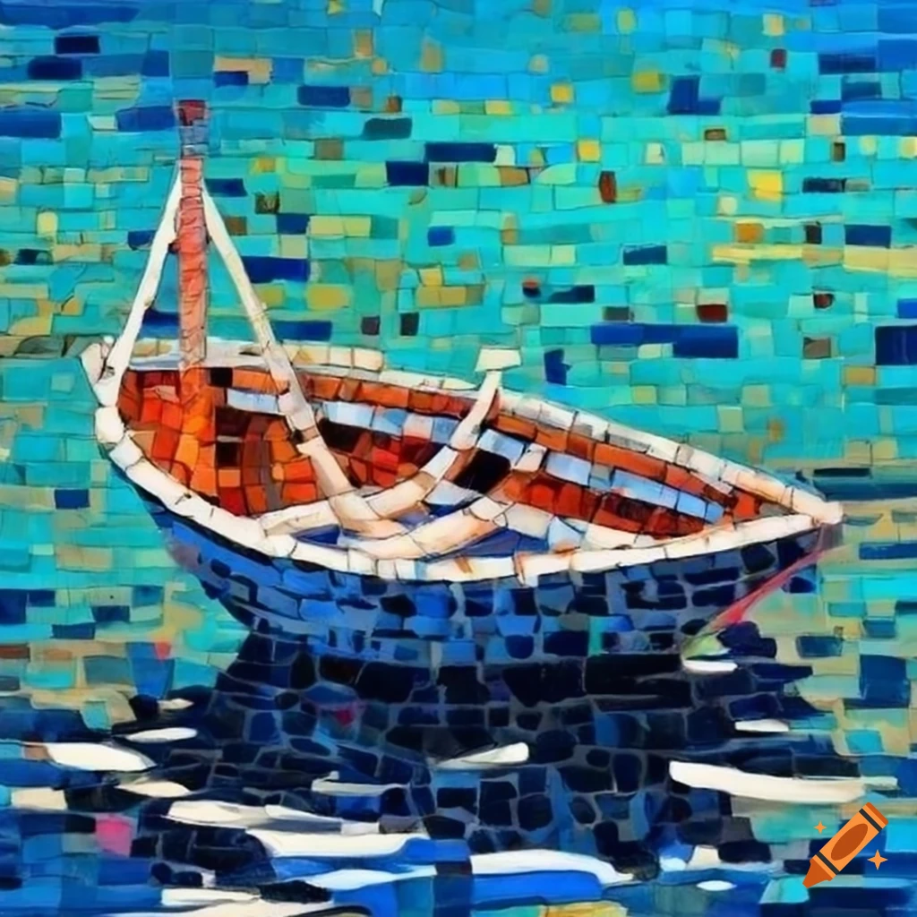 Nautical mosaic artwork of a colorful sailing boat on tranquil waters ...