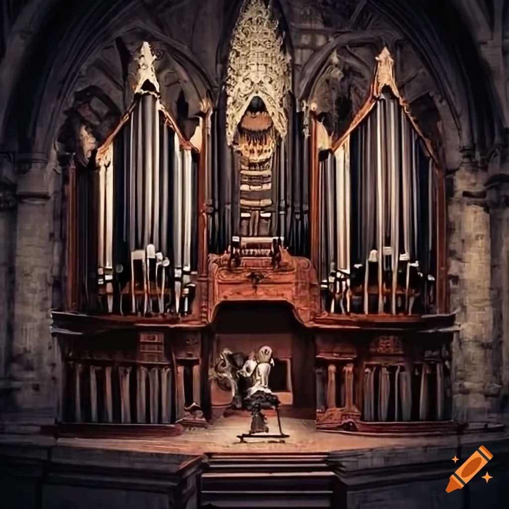 Old skeleton musician playing a pipe organ in a gothic castle on Craiyon