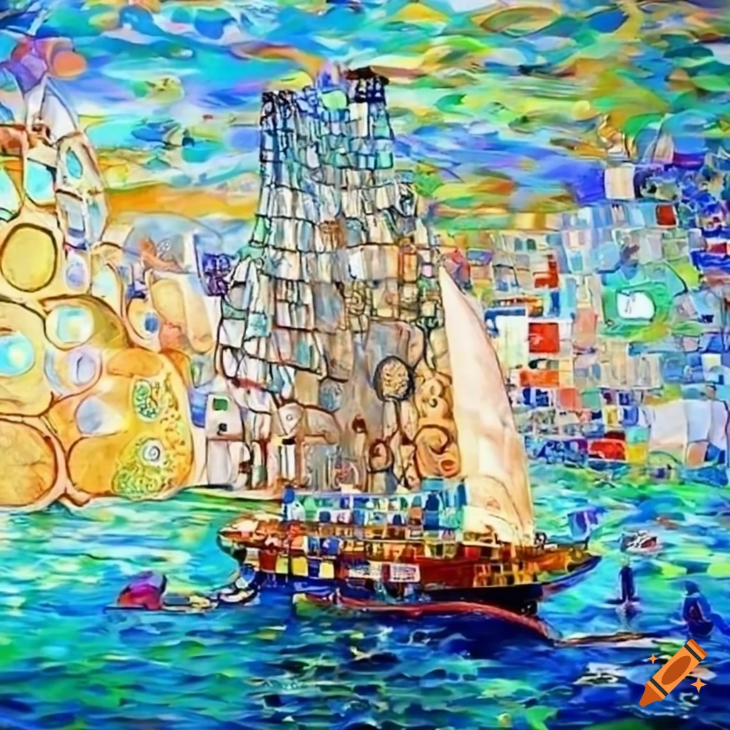 Sailing masterpiece art with Klimt and Gaudi-style sails in vivid colors on Craiyon