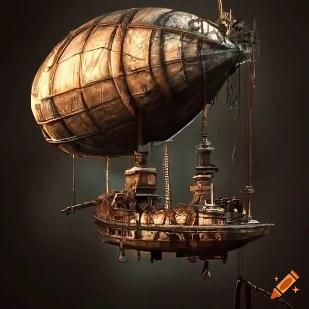 Steampunk dystopian airship attached to orthodox church by ropes in ...