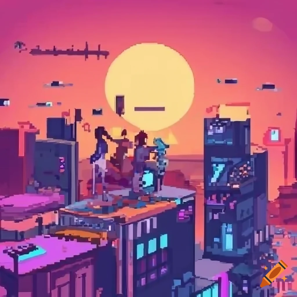 Isometric pixel art scene of people dancing and eating on a cyberpunk ...