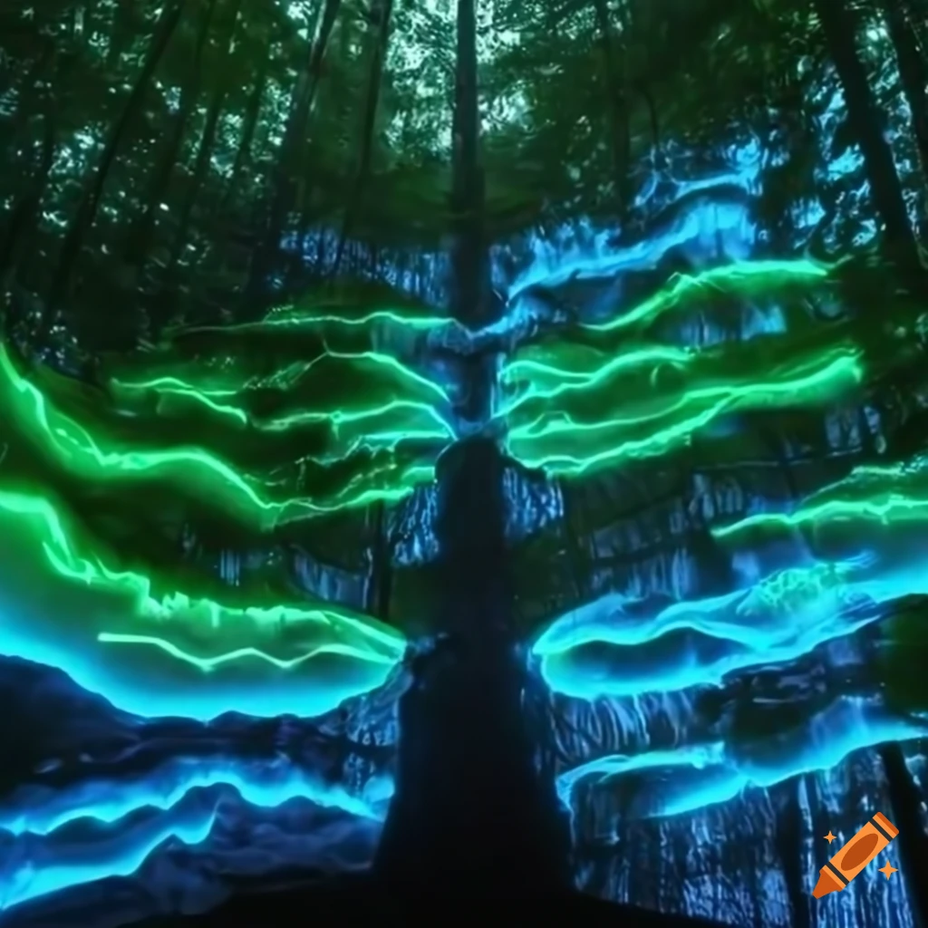 Surreal biopunk forest where nature and technology merge with glowing trees on Craiyon