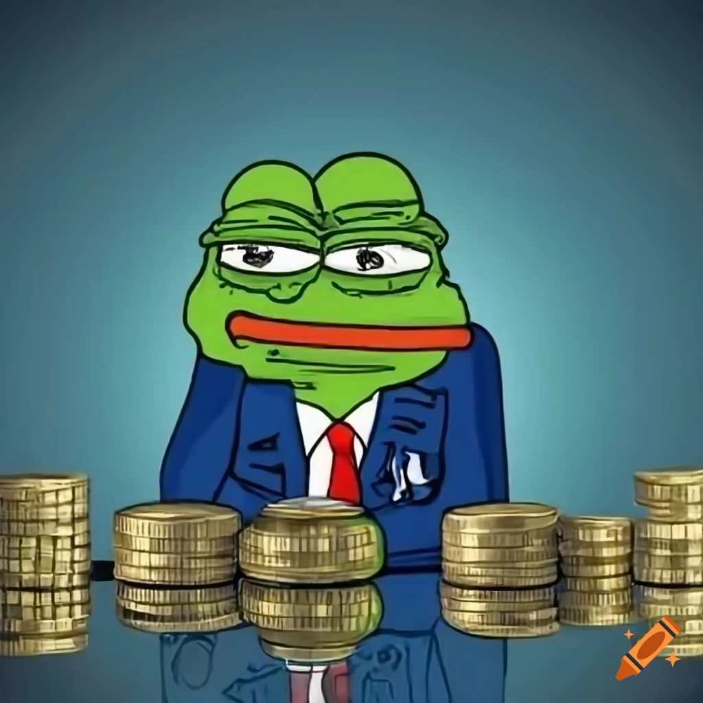 Pepe Coin smiling in a suit amidst cryptocurrency coins on Craiyon