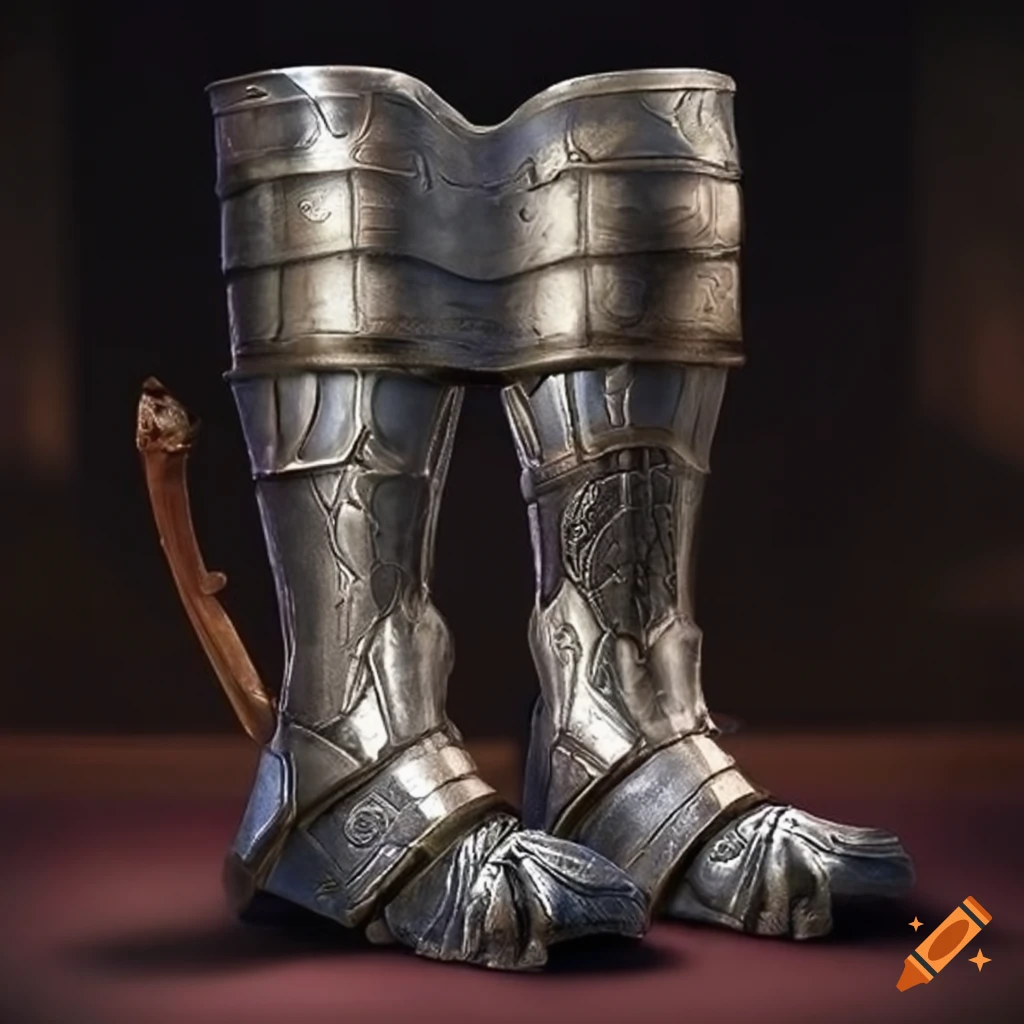 Medieval pair of adorned mithril plated knight boots for a leg armor ...