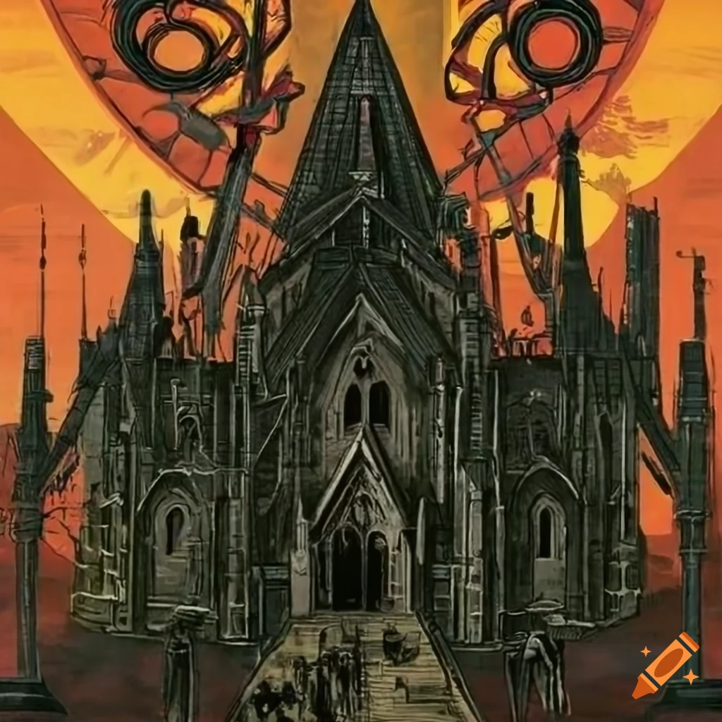 Alien city with billboards, ads, and a black stone church in a ...