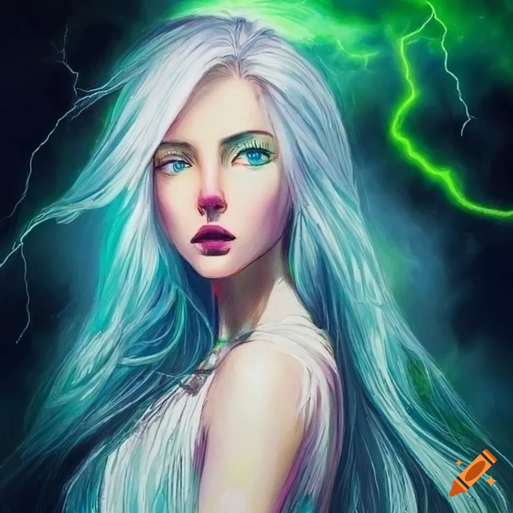 Magnificent woman with white hair in stormy skies struck by green ...