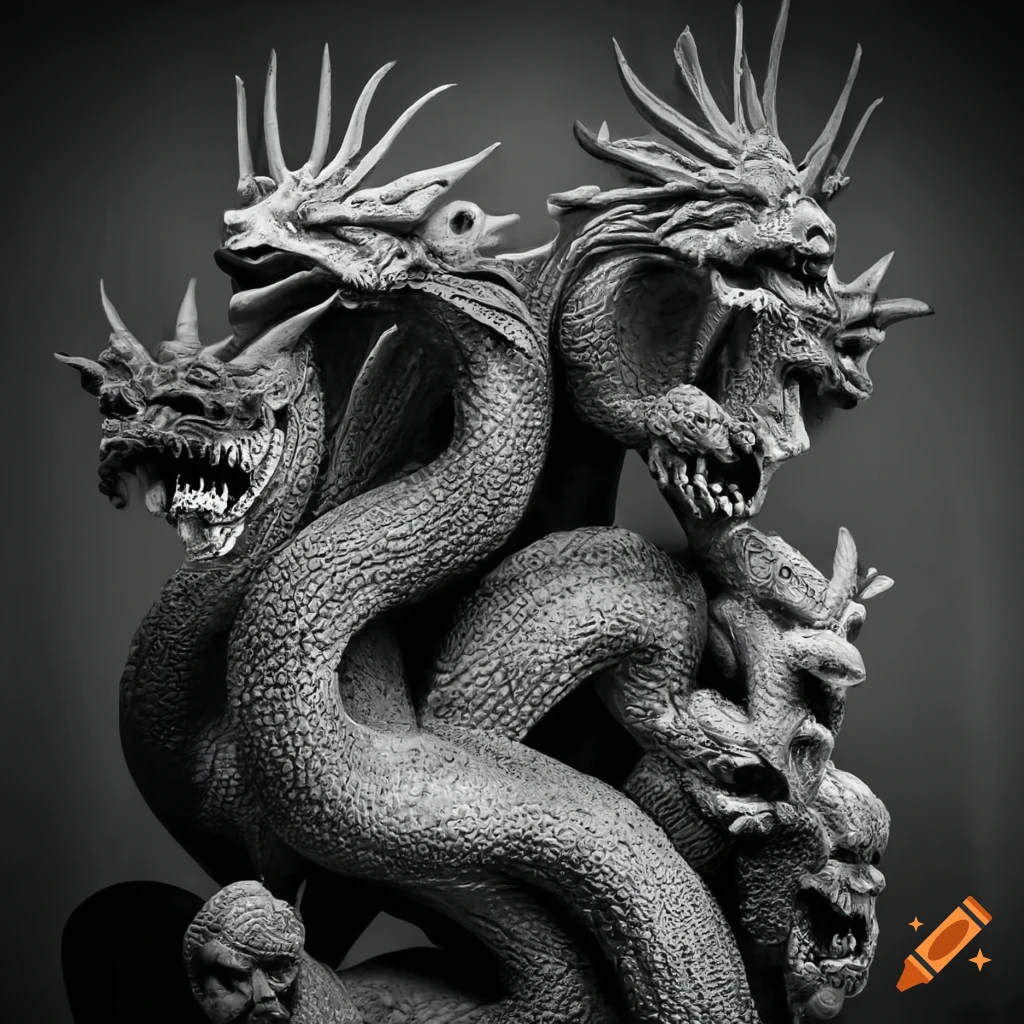 Detailed ancient sculpture of the mythological Hydra with seven heads ...