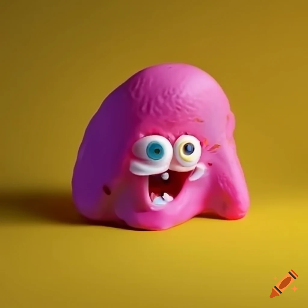 Distorted yellow plasticine blob resembling a character with tentacle-like limbs and sharp teeth ...