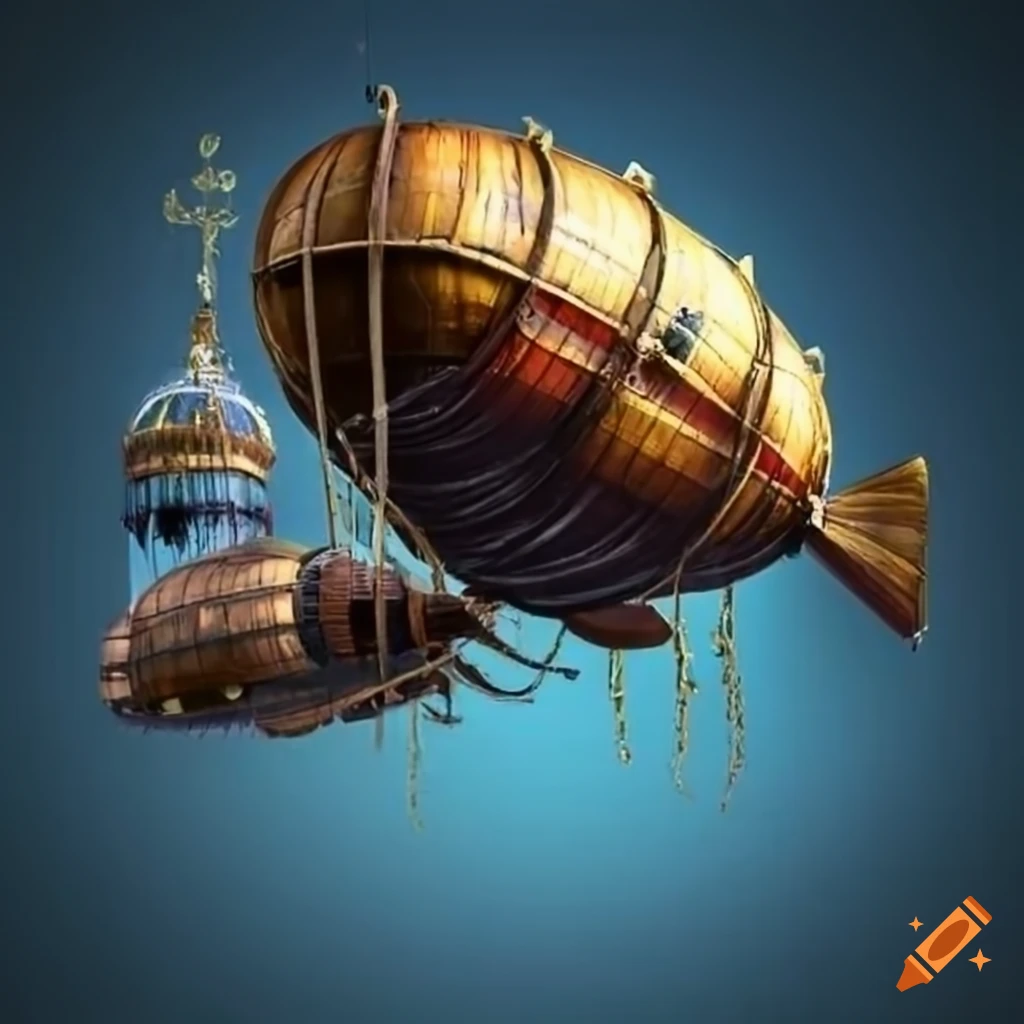 Steampunk airship attached to the bottom of a hanging orthodox church in a dystopian setting on ...