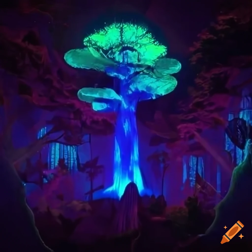 Surreal biopunk forest where nature and technology merge with glowing trees on Craiyon