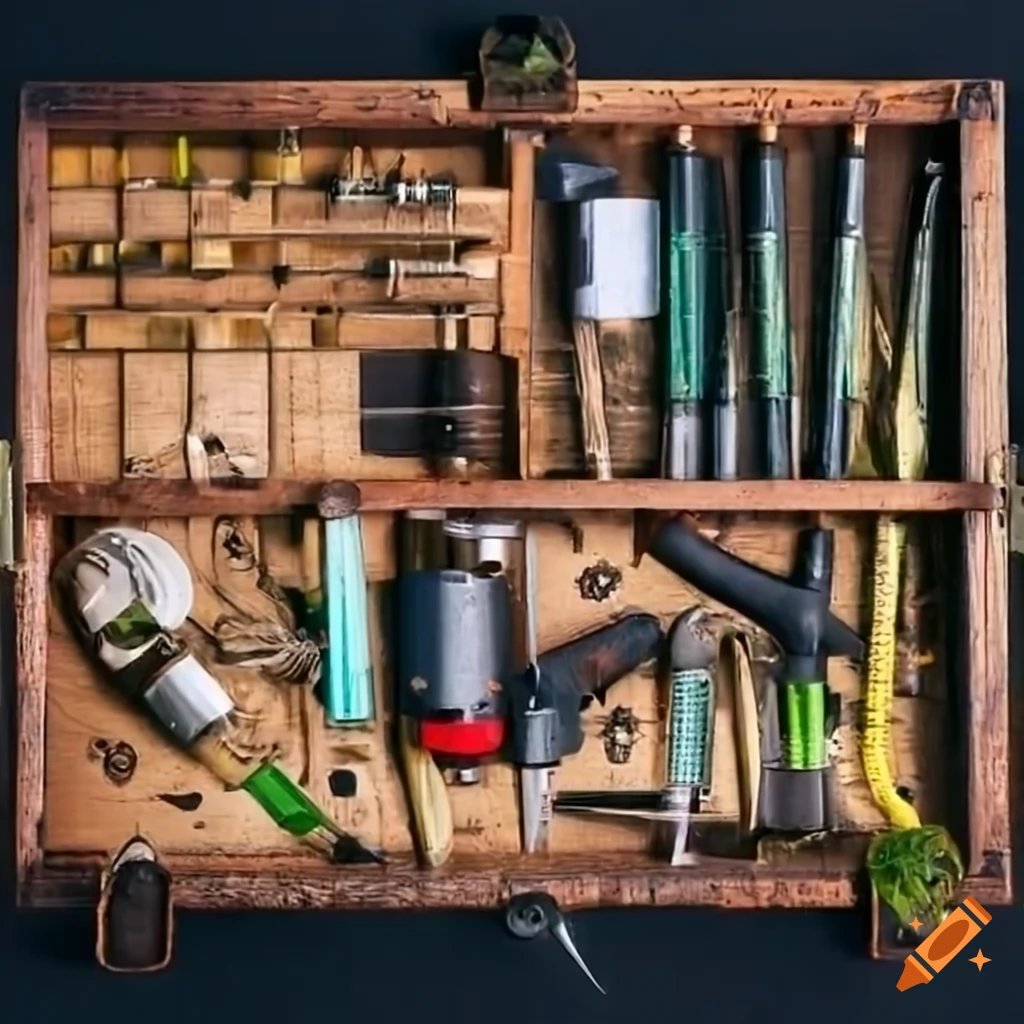 Wooden box full of scientific tools including microscope, test tubes ...
