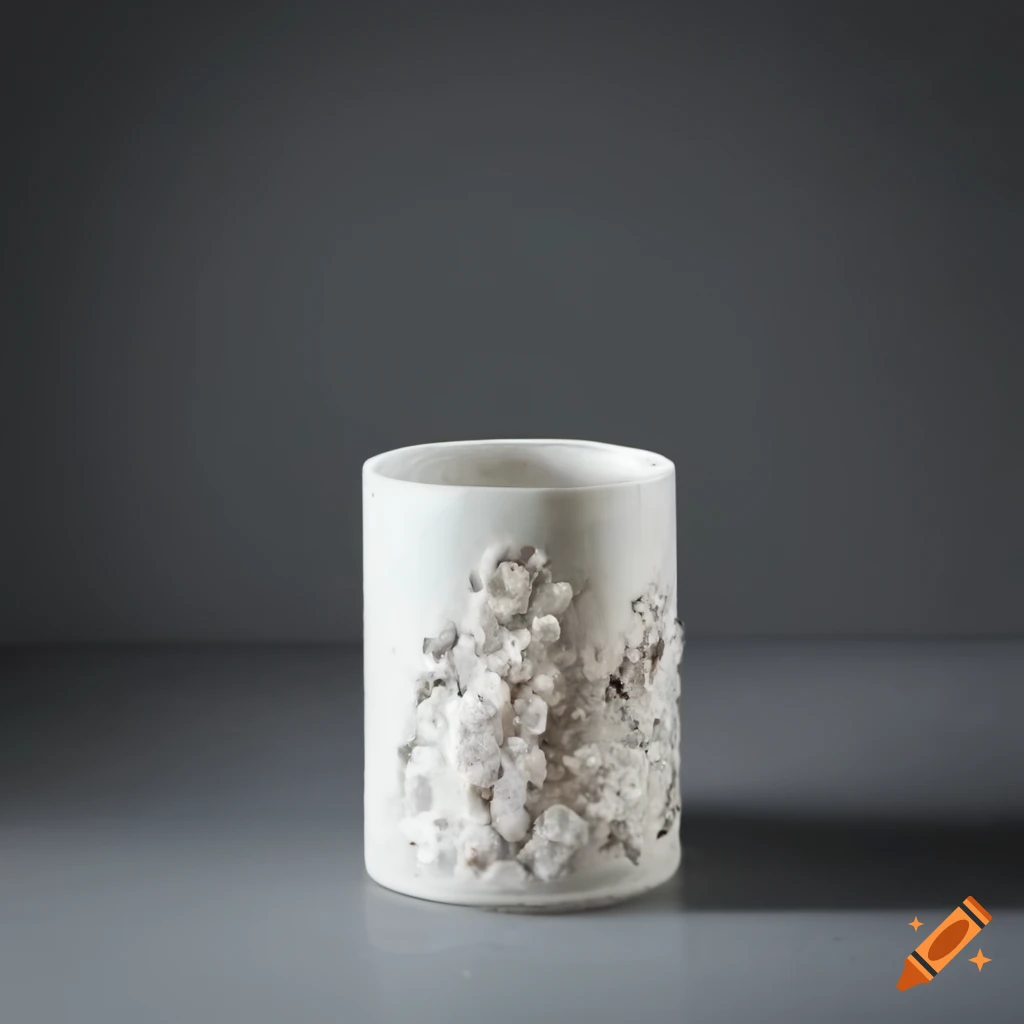 White porcelain pot with crocodile relief and rock salt quartz crystals ...