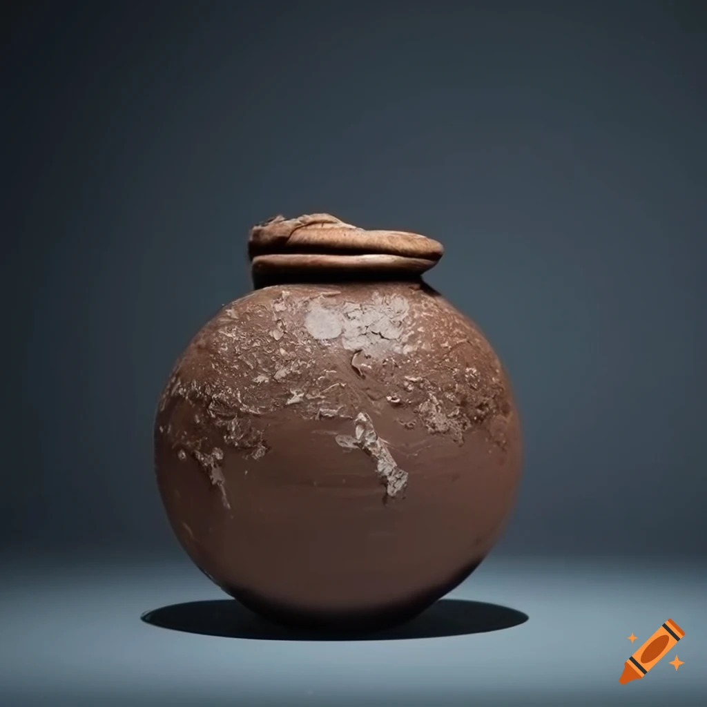 Rustic clay storage jar with quartz crystals on dark background on Craiyon