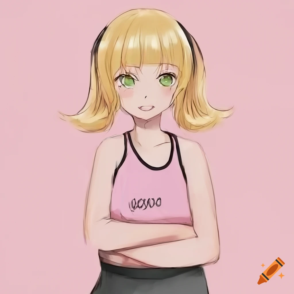 Anime girl with blonde hair, green eyes, and pink sleeveless t-shirt on ...