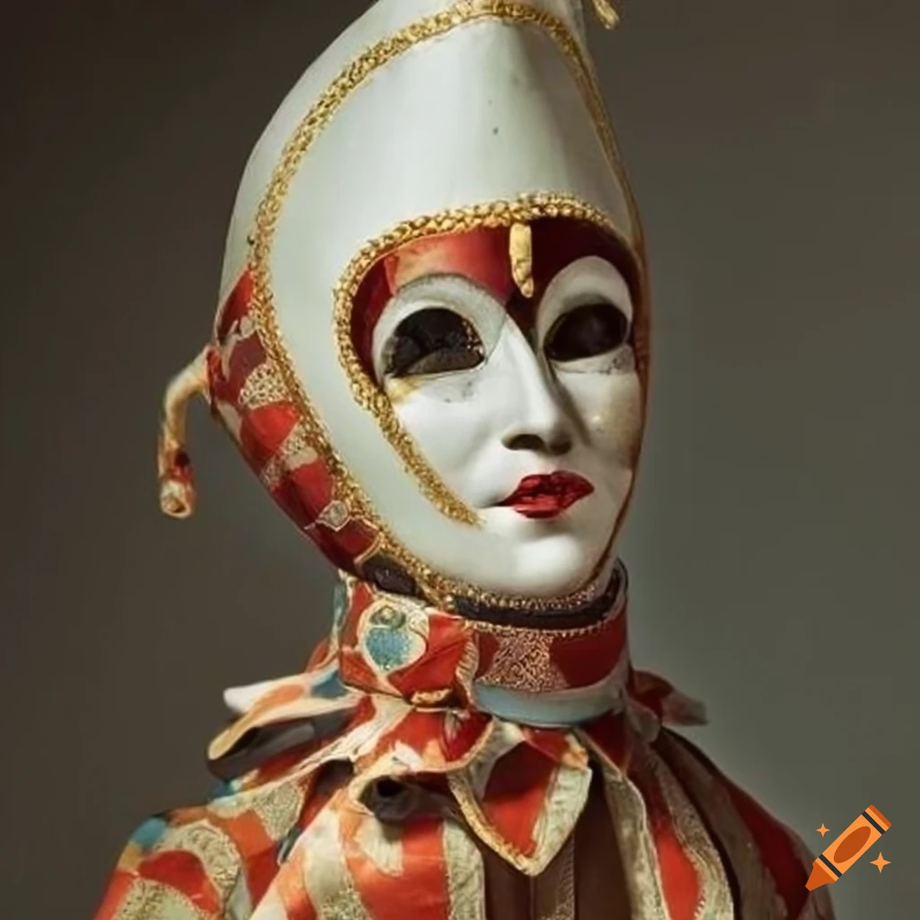 Venetian masked harlequin with 18th-century attire on Craiyon