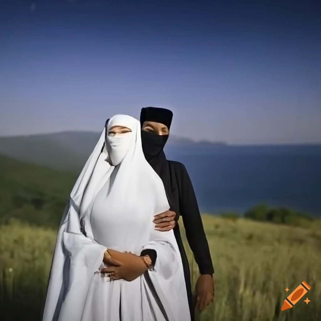 Muslim couple with backs turned in front of a serene nature landscape ...