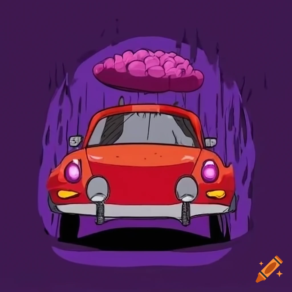 Raspberry beret in red car driving through purple rain on Craiyon