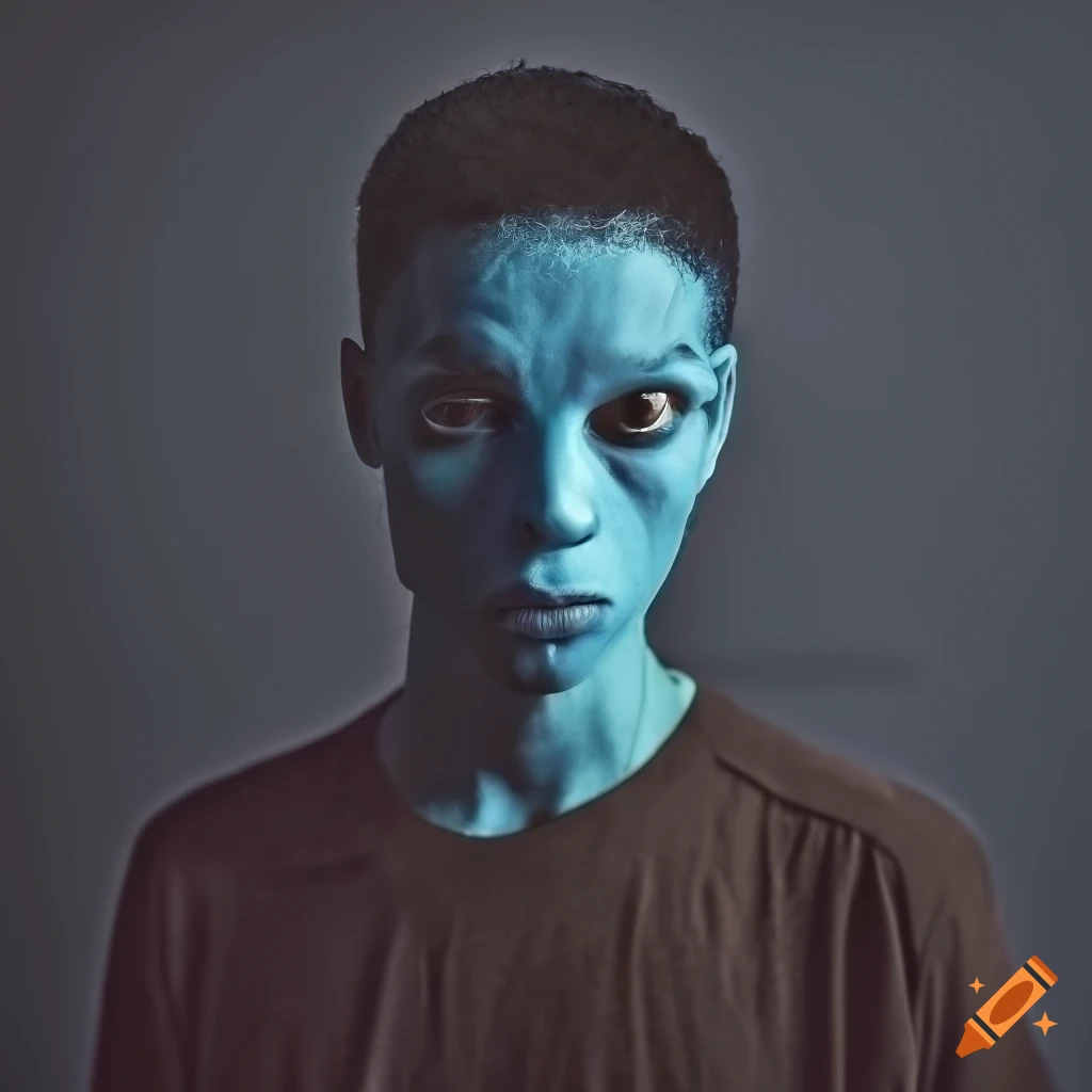 Blue-skinned humanoid alien man with Arabic features waiting in a ...