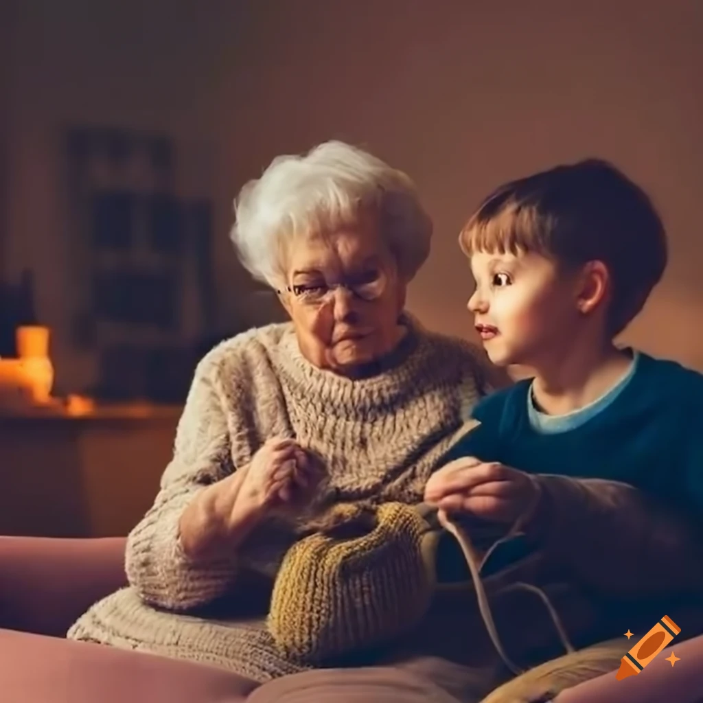 Grandma knitting with her grandson on a living room sofa on Craiyon