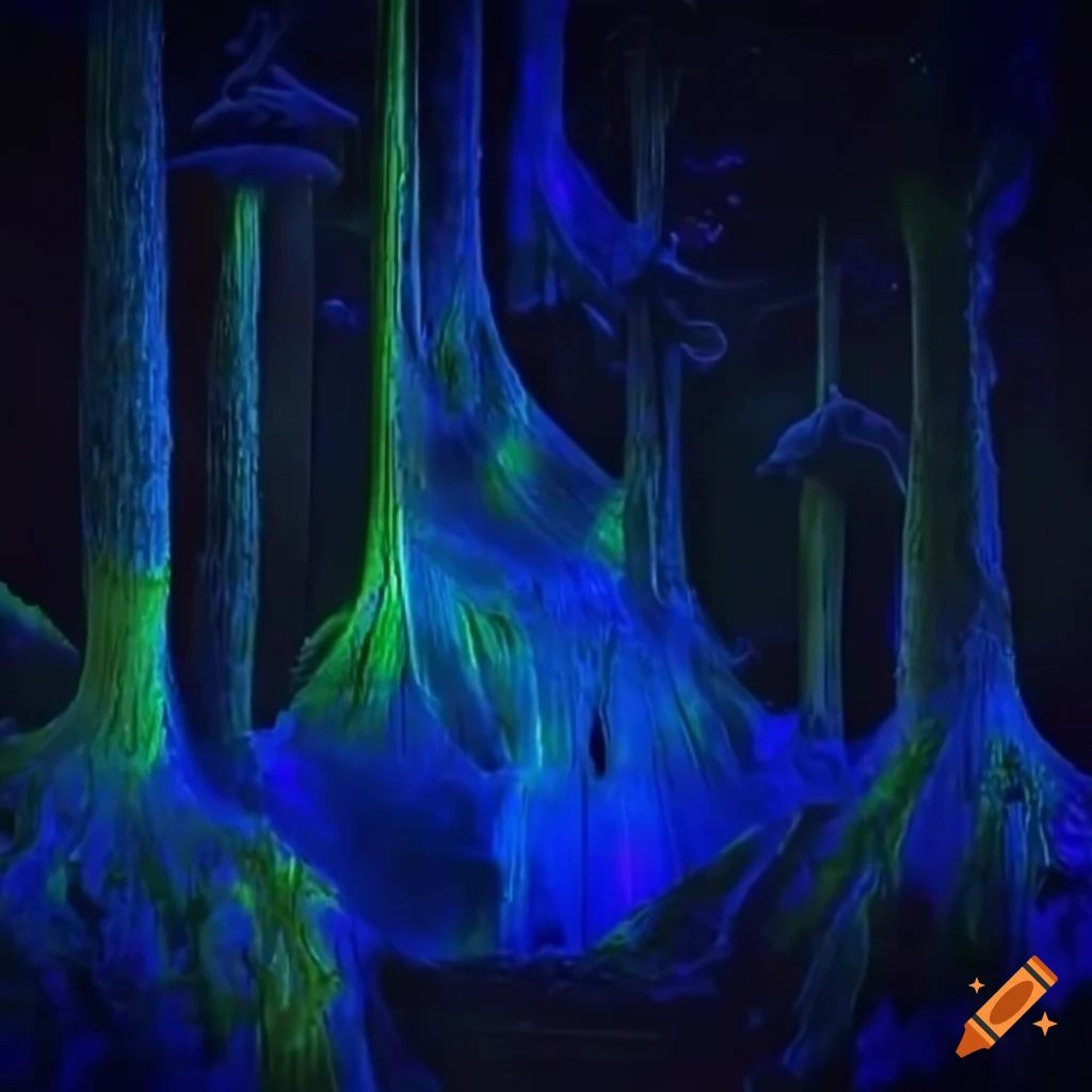 Biopunk paradise with glowing bioluminescent trees in a surreal forest on Craiyon