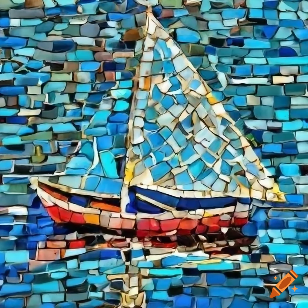 Nautical mosaic artwork of a colorful sailing boat on tranquil waters ...